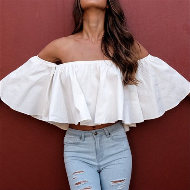 White Flare Blouse Wide Sleeve Shoulderless – Dalaida